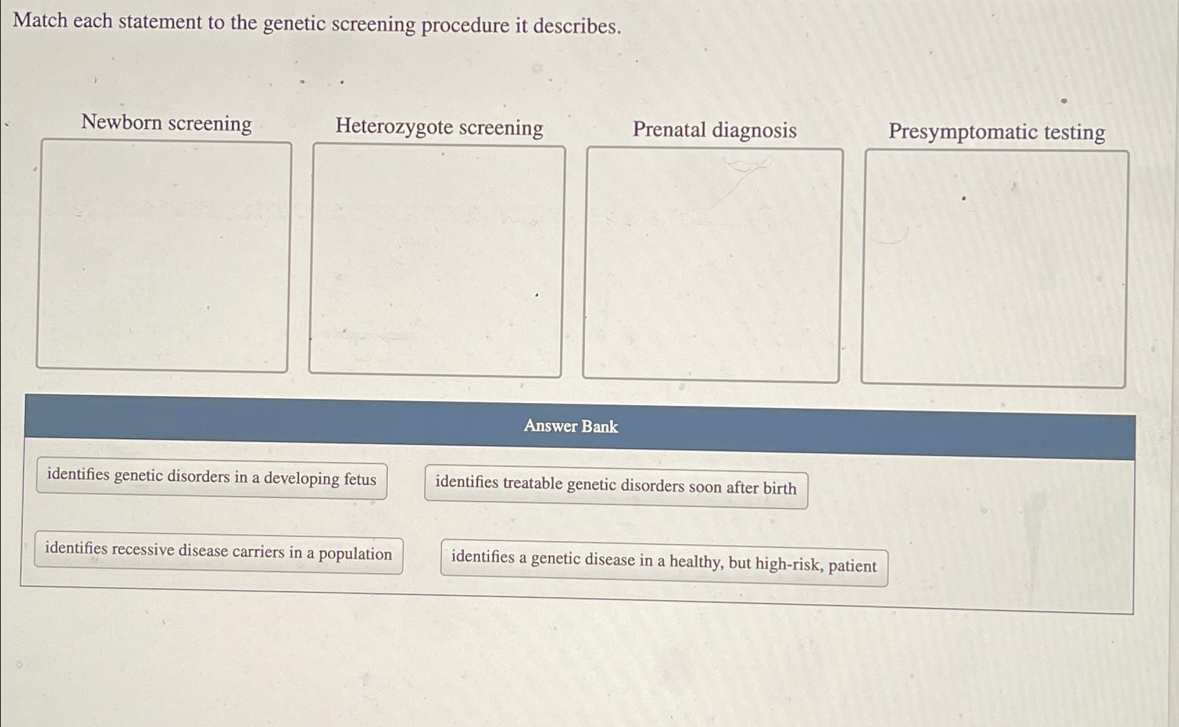 Solved Match each statement to the genetic screening | Chegg.com