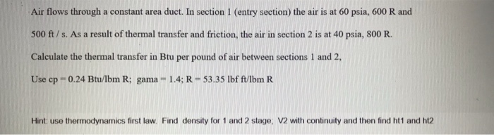 Solved Air flows through a constant area duct. In section 1 | Chegg.com