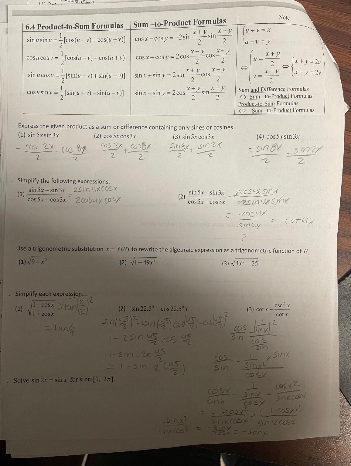 Solved \table[[,Sum -to-Product Formulas,Note],[\table[[6.4 | Chegg.com