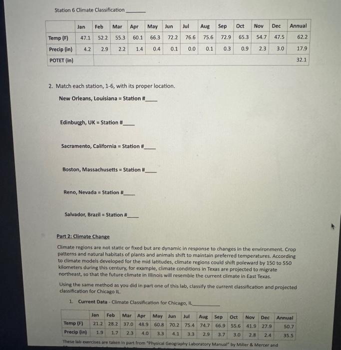 Solved 1. For each Station, determine its climate | Chegg.com
