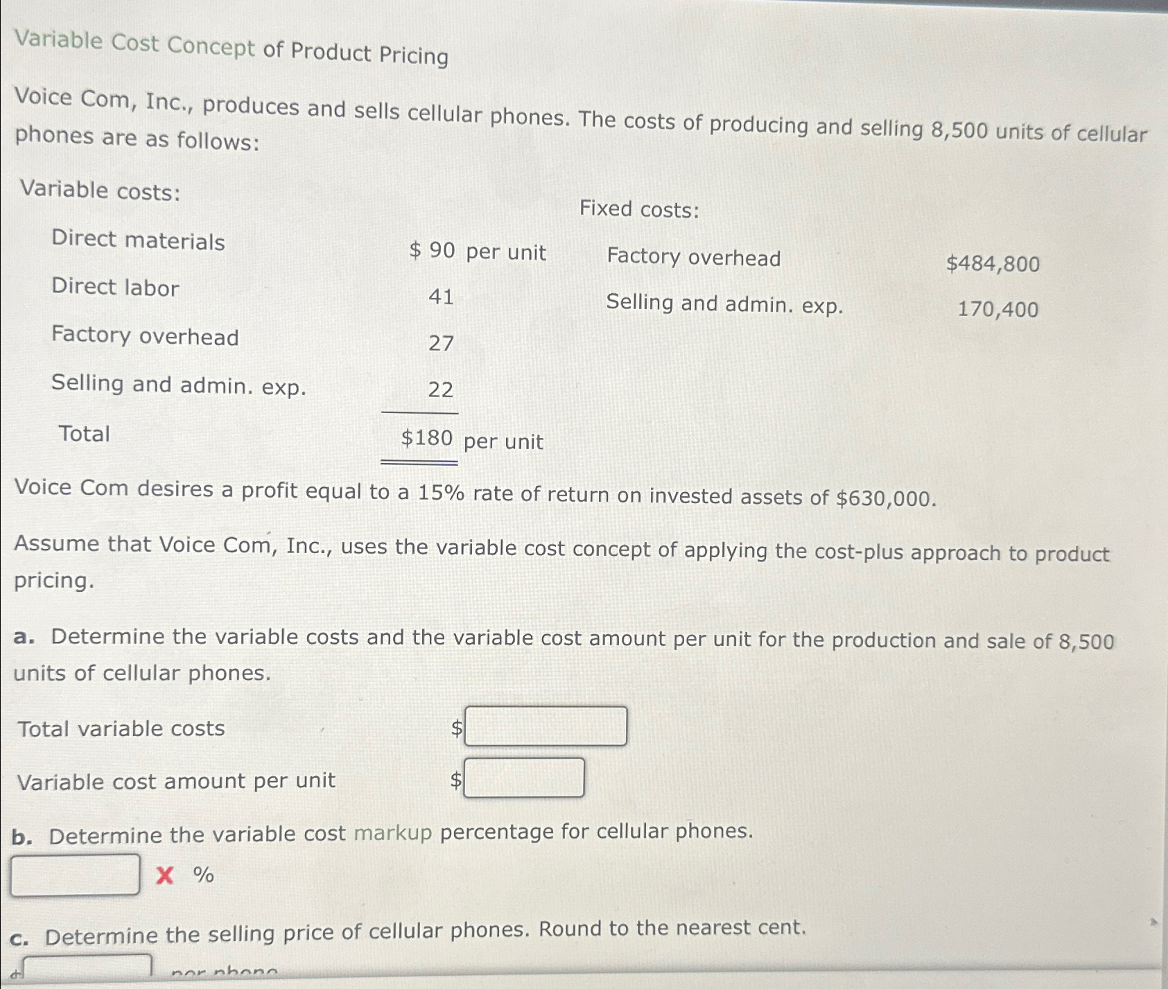 Solved Variable Cost Concept of Product PricingVoice Com, | Chegg.com