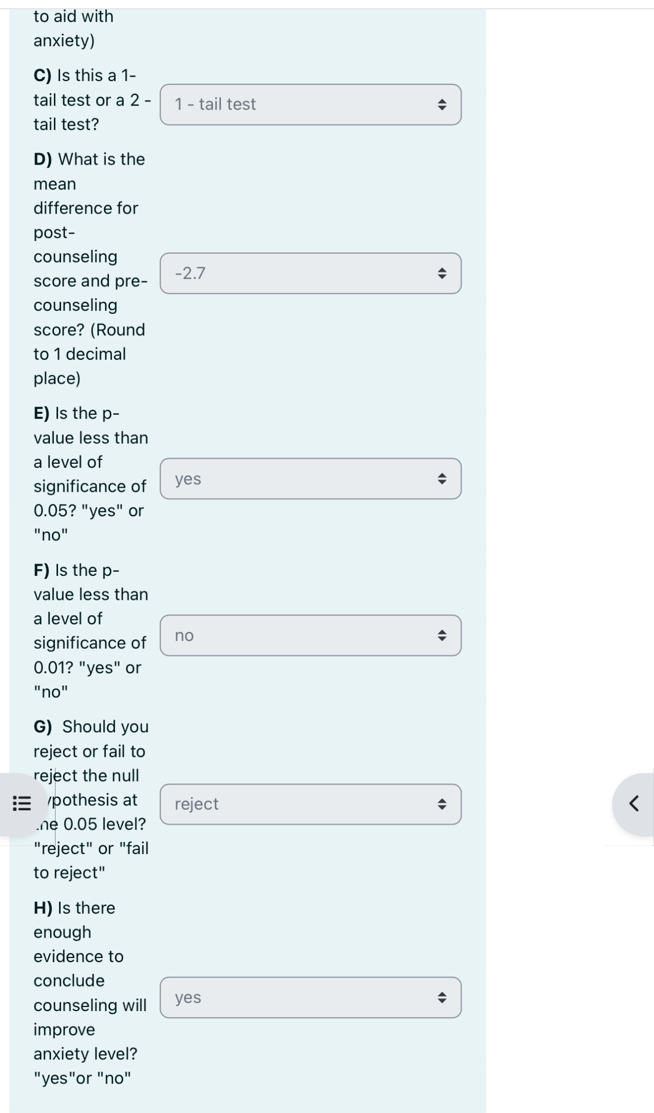 Solved D) ﻿What is the mean difference for postcounseling | Chegg.com