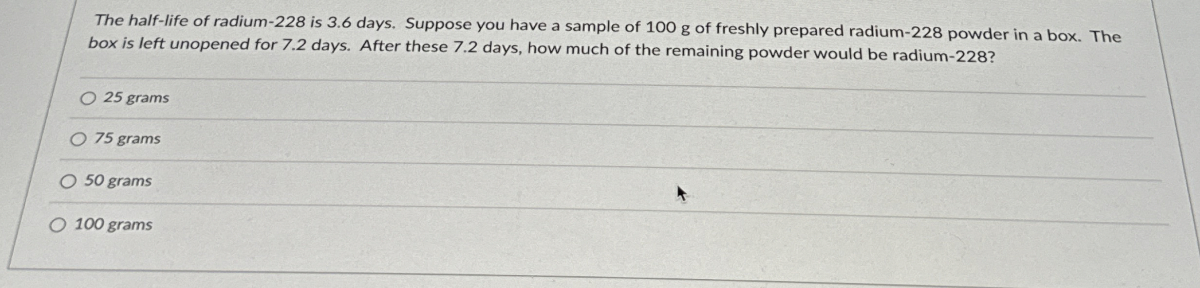 Solved The half-life of radium-228 ﻿is 3.6 ﻿days. Suppose | Chegg.com