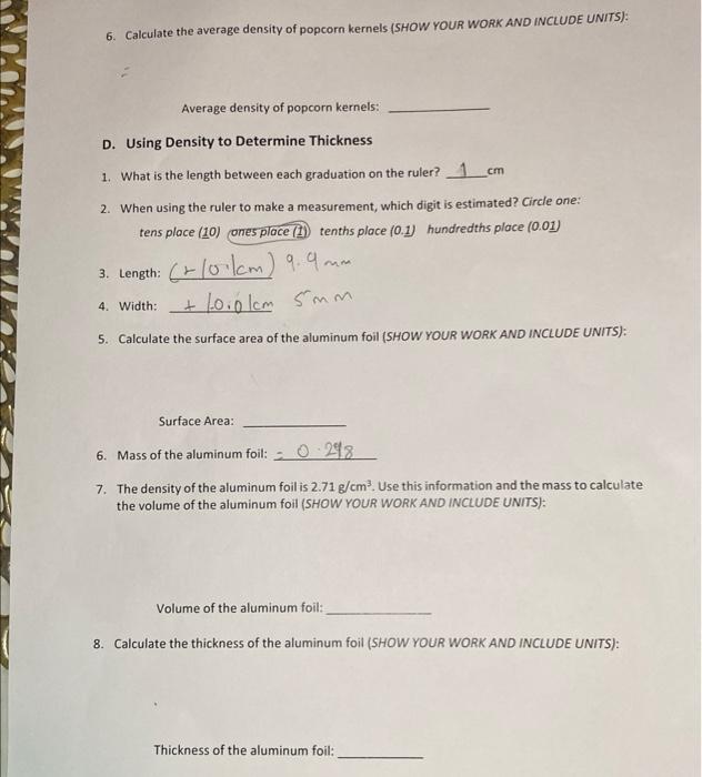 6. Calculate the average density of popcorn kernels | Chegg.com