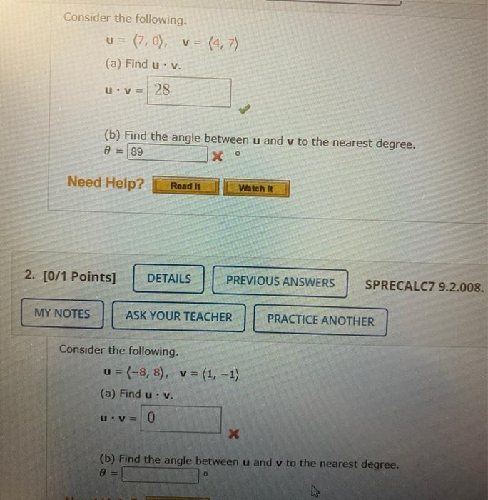 Solved Consider the following. u = (7,0), v= (4,7) (a) Find | Chegg.com