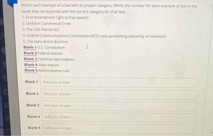 Match each example of a law with its proper category. | Chegg.com