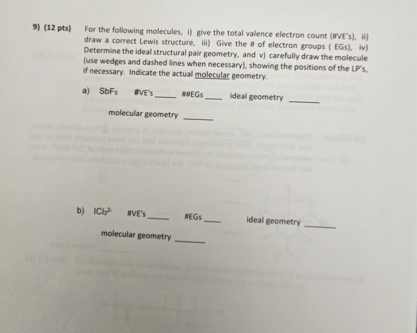 Solved (12 ﻿pts) ﻿For the following molecules, i) ﻿give the | Chegg.com