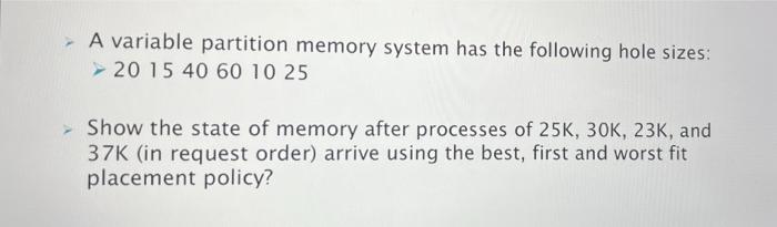 Solved > A variable partition memory system has the | Chegg.com