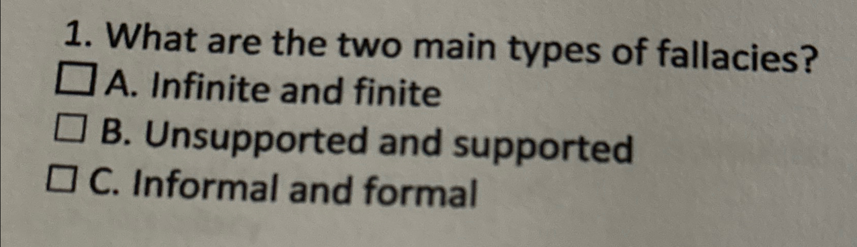 Solved What are the two main types of fallacies?A. ﻿Infinite | Chegg.com