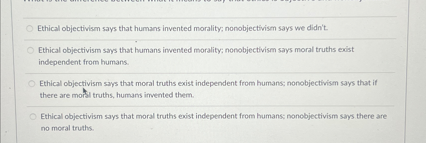 Solved Ethical objectivism says that humans invented | Chegg.com