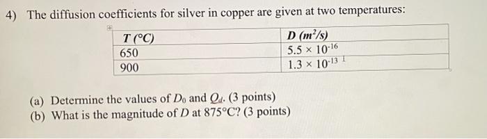 Solved 4) The diffusion coefficients for silver in copper | Chegg.com
