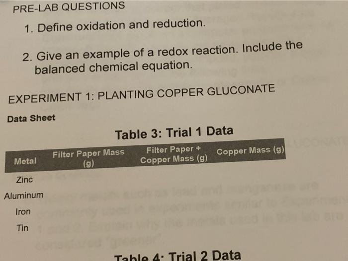 Solved PRE-LAB QUESTIONS 1. Define oxidation and reduction. | Chegg.com