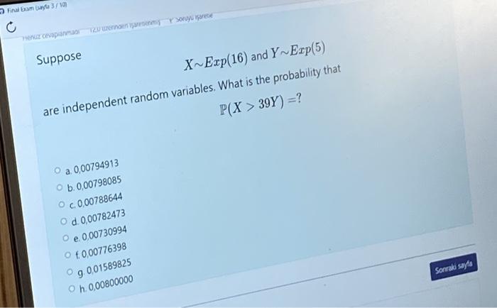 Solved Suppose X∼Exp(16) and Y∼Exp(5) are independent random | Chegg.com