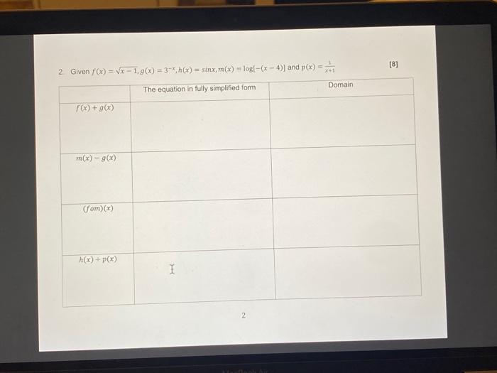Solved 2. Given f(x)=√x-1, g(x) = 3-x, h(x) = sinx, m(x) = | Chegg.com