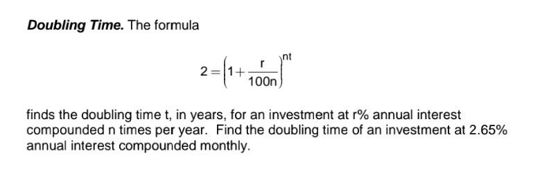 Solved Doubling Time. The formula nt 2=(1+100m = finds the | Chegg.com