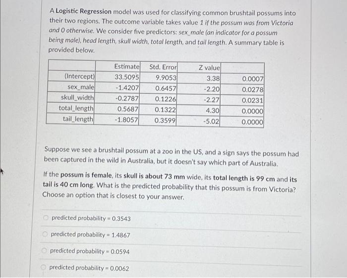 Solved A Logistic Regression model was used for classifying | Chegg.com