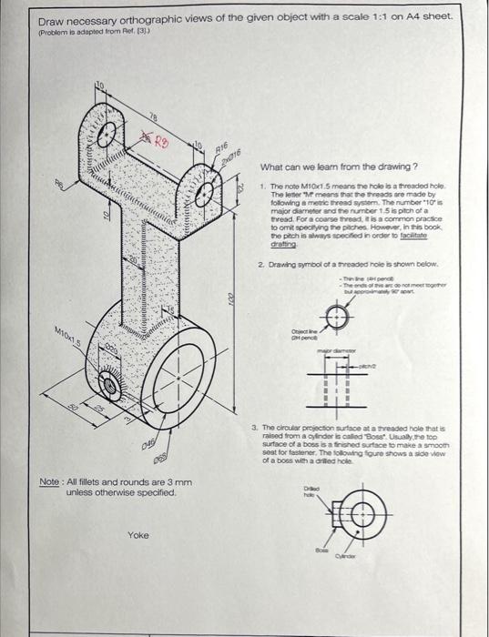 Solved Draw necessary view orthographic views with a scale | Chegg.com