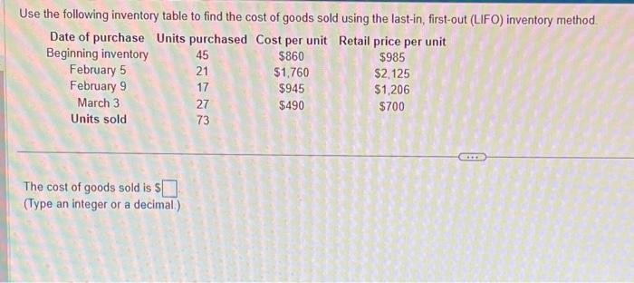 Solved Use the following inventory table to find the cost of | Chegg.com