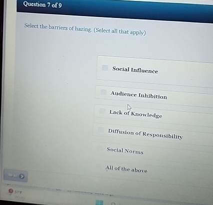 Solved Question 7 ﻿of 9Select the barriers of hazing. | Chegg.com