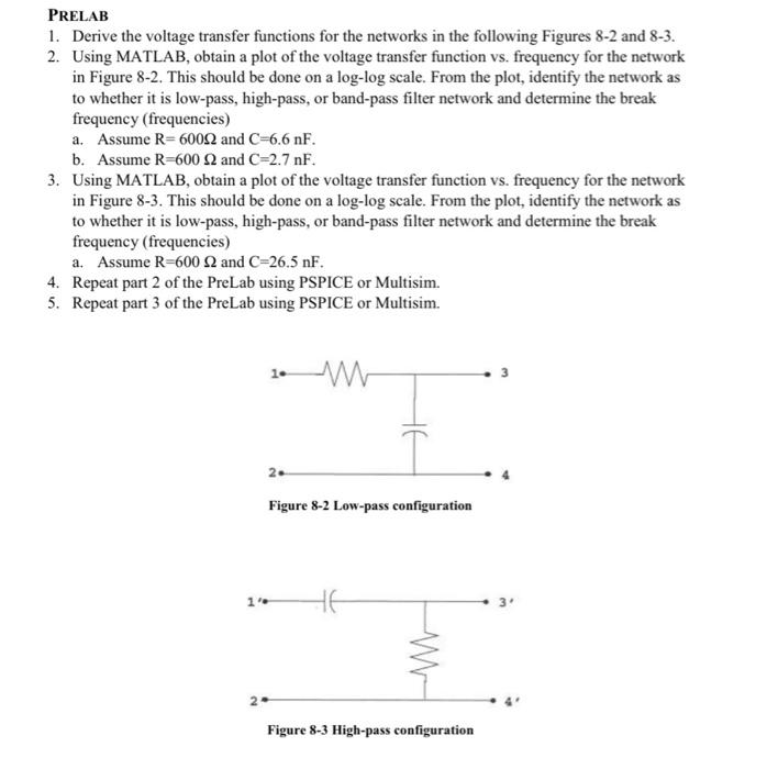 Prelab 1 Derive The Voltage Transfer Functions For