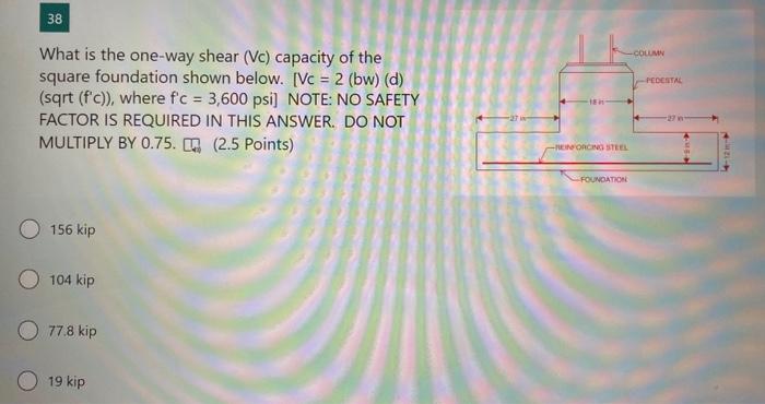 What is the one-way shear (Vc) capacity of the square | Chegg.com