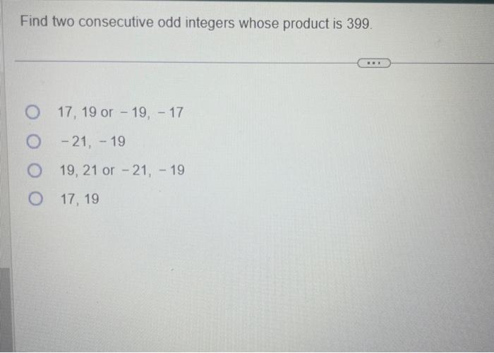 Find two consecutive odd integers whose product is | Chegg.com