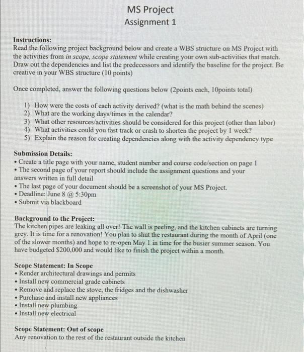 Solved MS Project Assignment 1 Instructions: Read the | Chegg.com