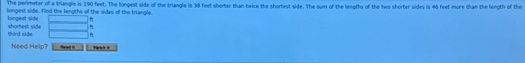 Solved The perimeter of a triangle is 190 ﻿feet. The longest | Chegg.com