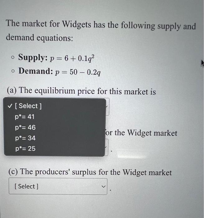 Solved The market for Widgets has the following supply | Chegg.com