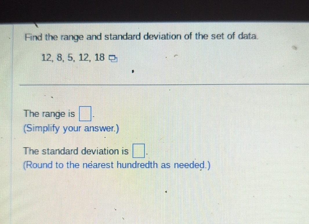 Find the range and standard deviation of the set of | Chegg.com