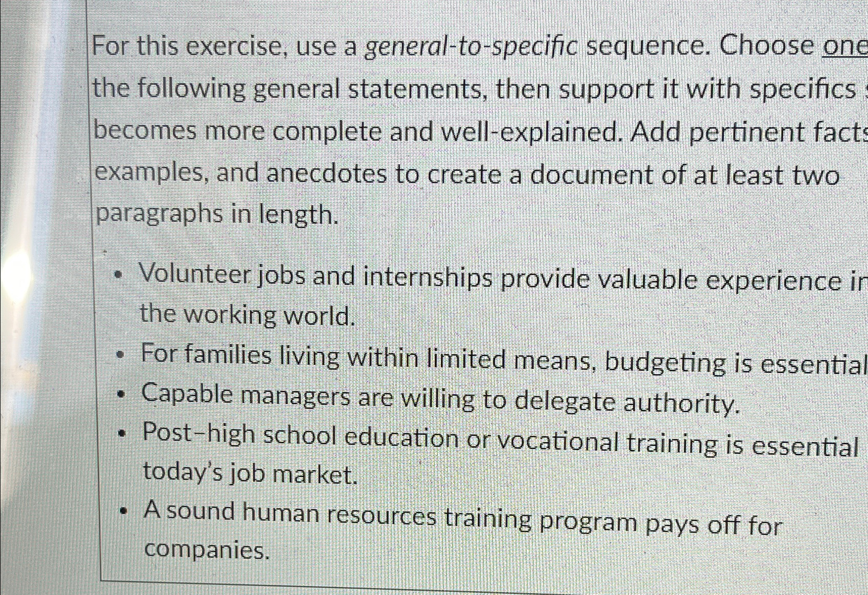 Solved For this exercise, use a general-to-specific | Chegg.com