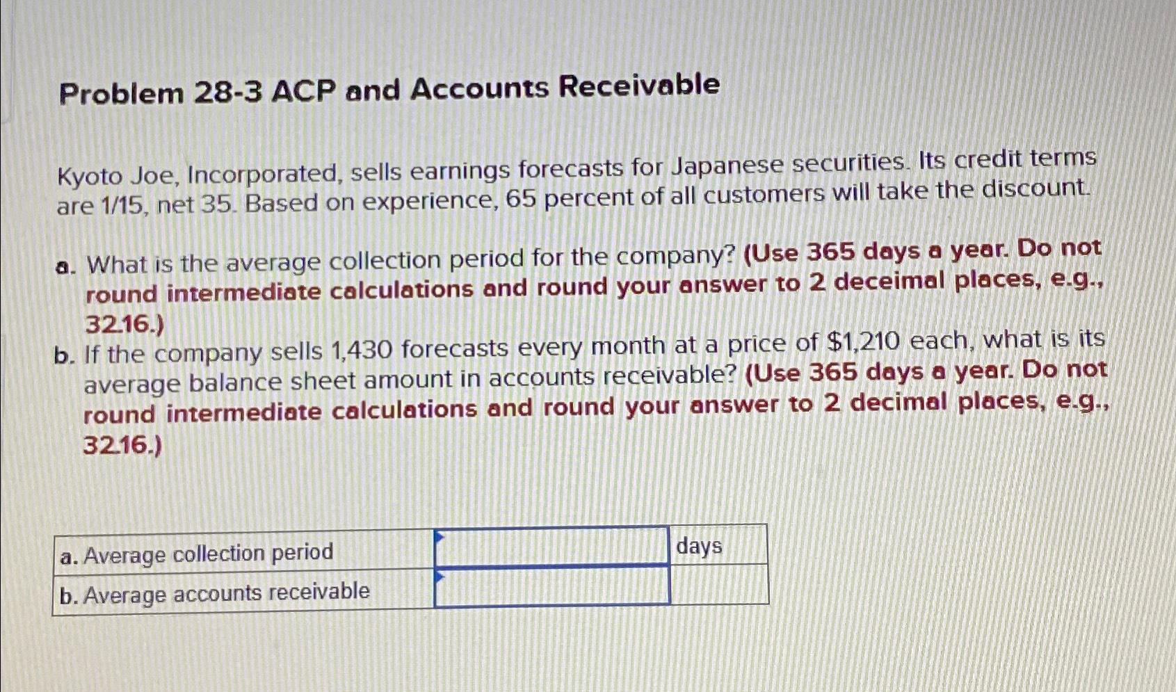 Solved Problem 28-3 ﻿ACP and Accounts ReceivableKyoto Joe, | Chegg.com