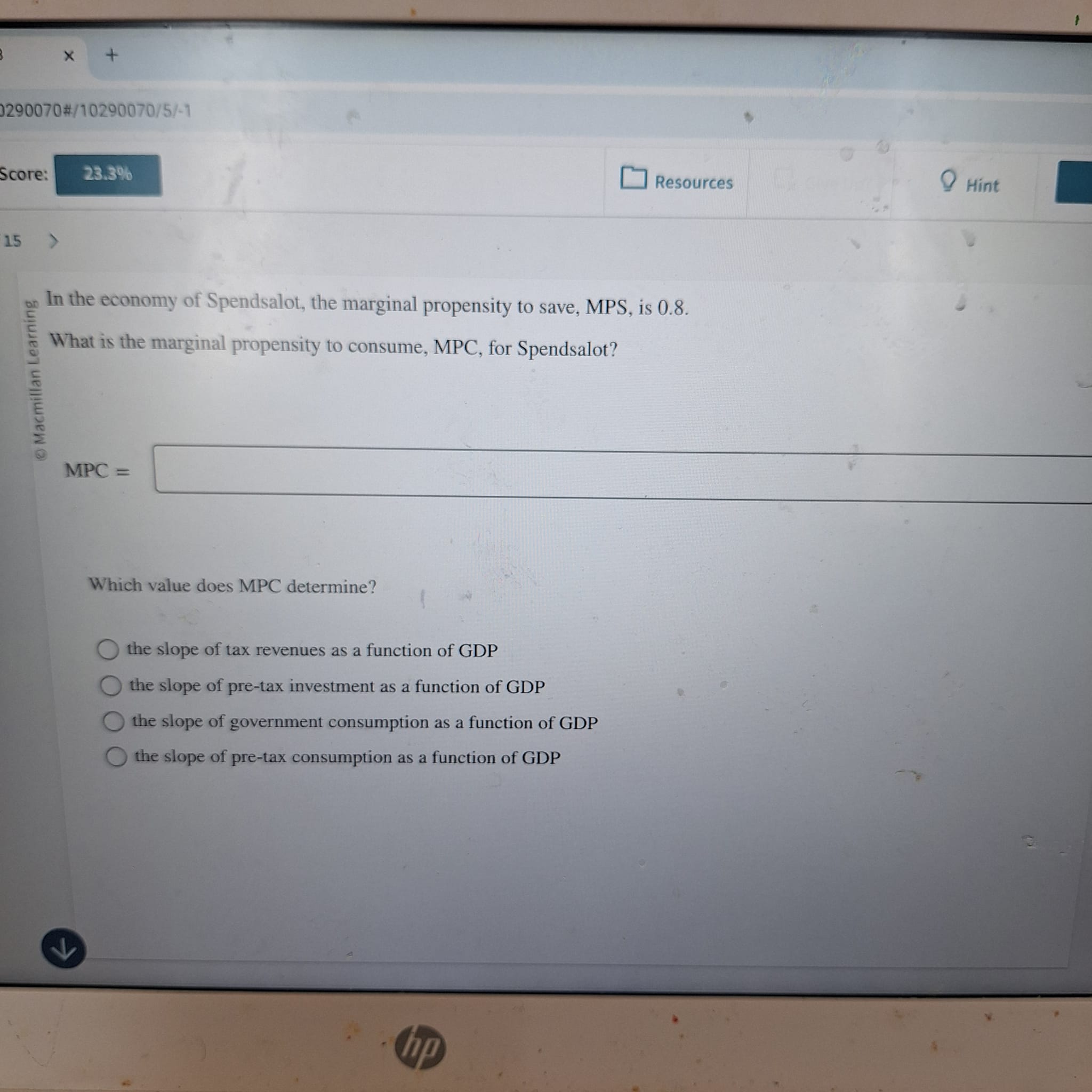 Solved MPC=Which value does MPC determine?the slope of tax | Chegg.com