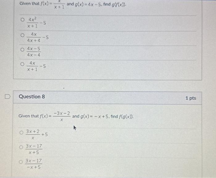 Solved Given that f(x)=x+1x and g(x)=4x−5, find g(f(x)). | Chegg.com