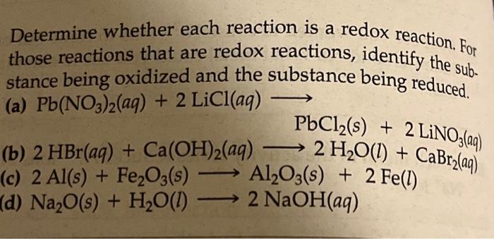 Solved Determine whether each reaction is a redox reaction. | Chegg.com