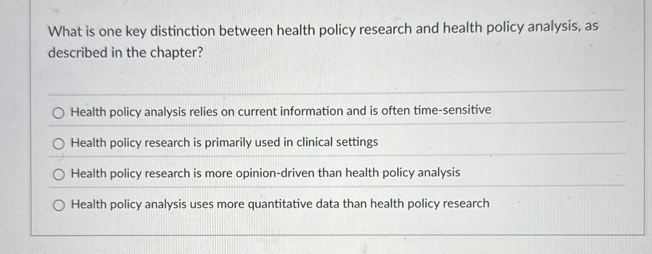 Solved What is one key distinction between health policy | Chegg.com