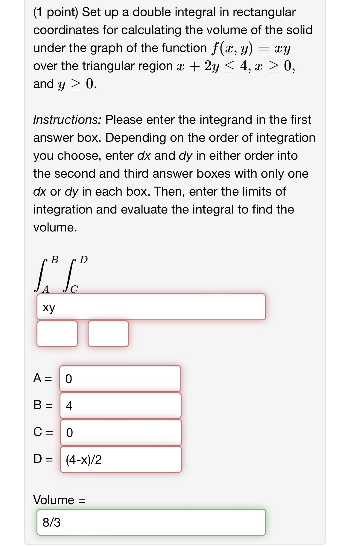 Solved (1 ﻿point) ﻿Set up a double integral in rectangular | Chegg.com