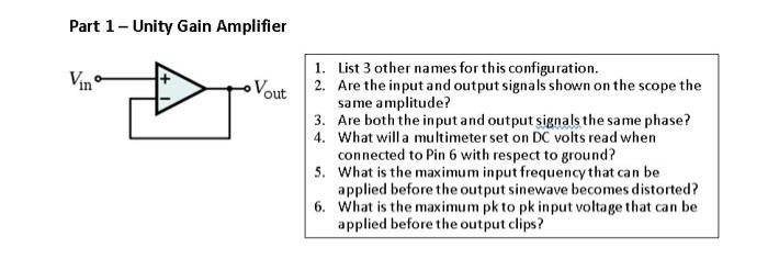 Solved Part 1 - Unity Gain Amplifier 1. List 3 other names | Chegg.com