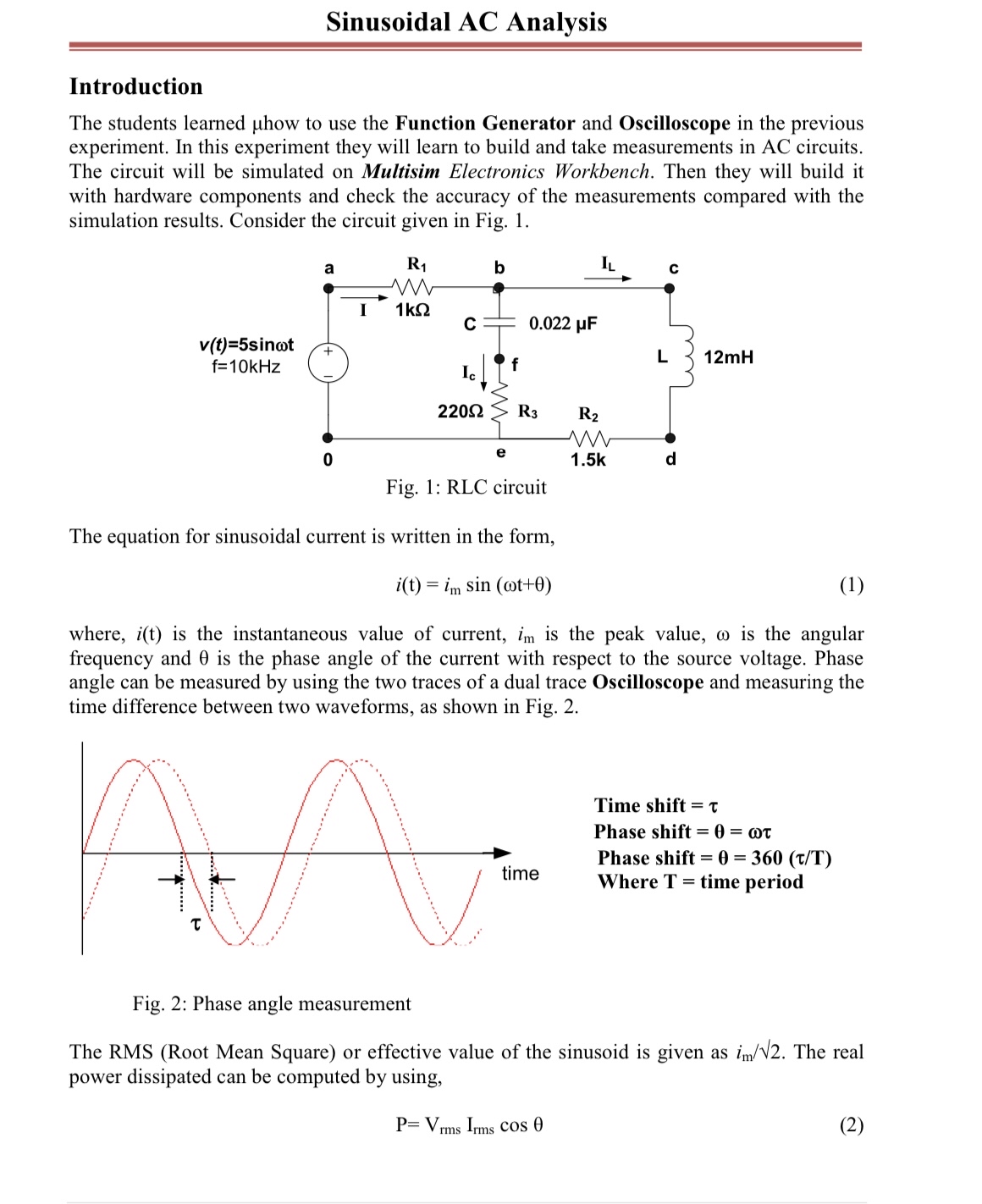 Solved Sinusoidal AC AnalysisIntroductionThe students | Chegg.com