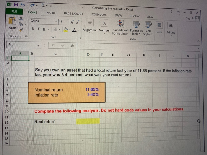 Solved Calculating the real rate - Excel FILE HOME INSERT X | Chegg.com