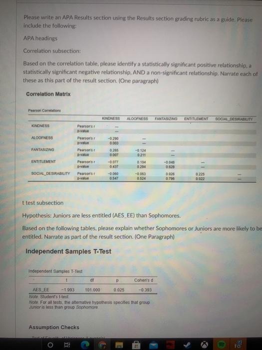 Please write an APA Results section using the Results | Chegg.com