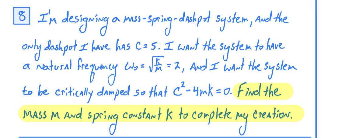Solved 8 ﻿I M designing a mss-spring-dashpot system, And the | Chegg.com