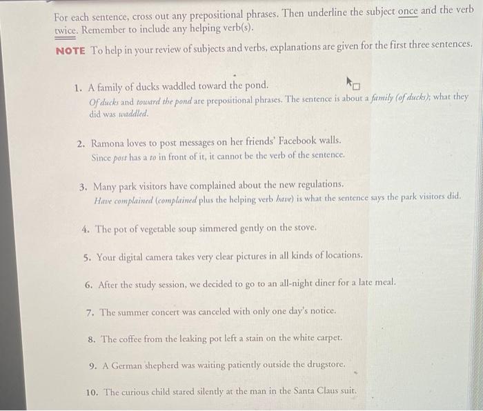 In each sentence below, cross out the prepositional | Chegg.com