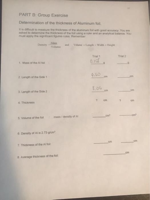 Solved PART B: Group Exercise Determination of the thickness | Chegg.com