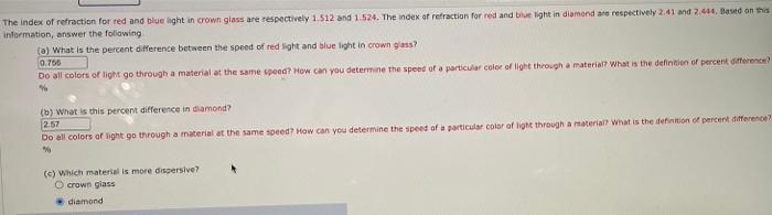 Solved The index of refraction for red and blue light in | Chegg.com