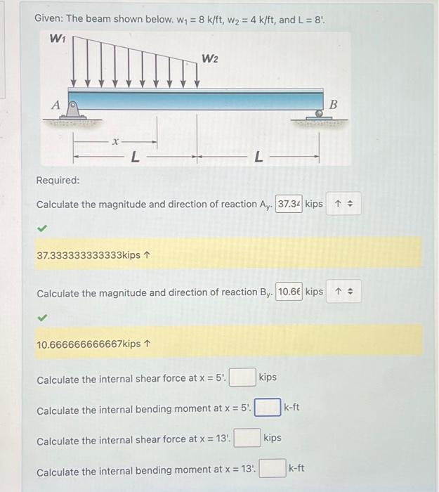 Solved Given: The beam shown below. w1=8k/ft,w2=4k/ft, and | Chegg.com