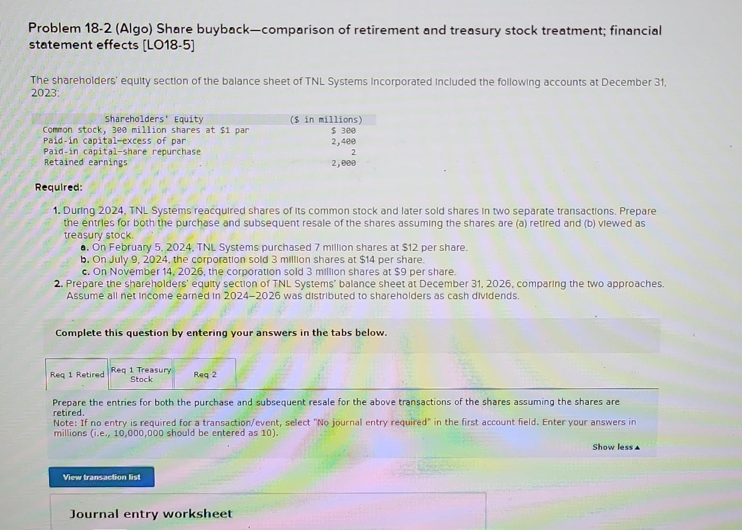Solved Problem 18-2 (Algo) Share buyback-comparison of | Chegg.com