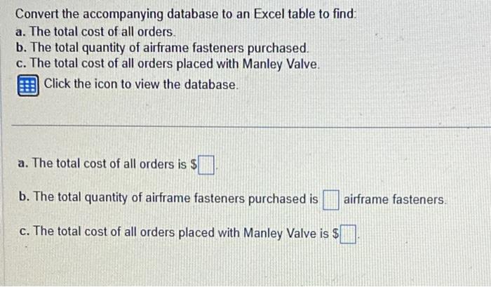 Solved Convert the accompanying database to an Excel table | Chegg.com