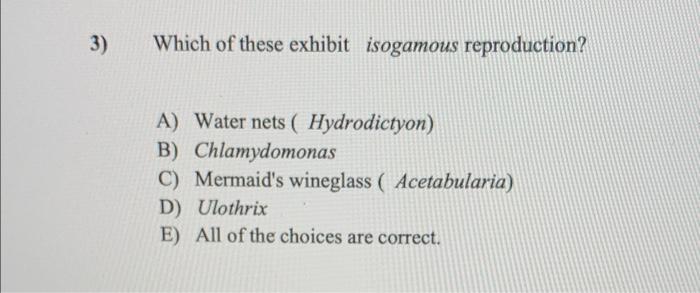 Solved 3) Which of these exhibit isogamous reproduction? A) | Chegg.com