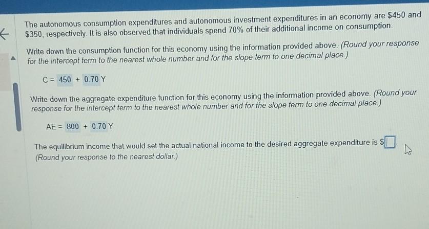 Solved The autonomous consumption expenditures and | Chegg.com